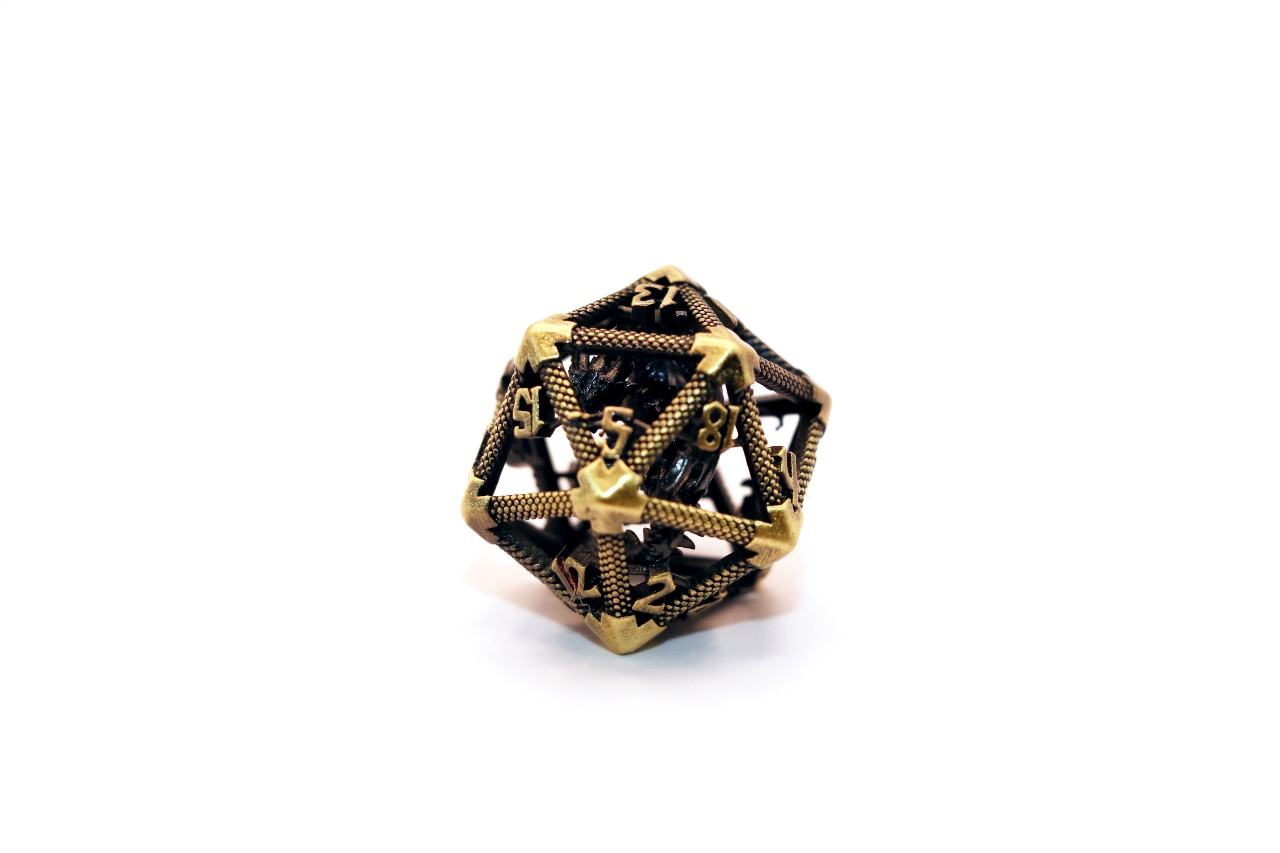Caged Electrum Dragon Hollow Metal D20 1 – Bookwyrm Games