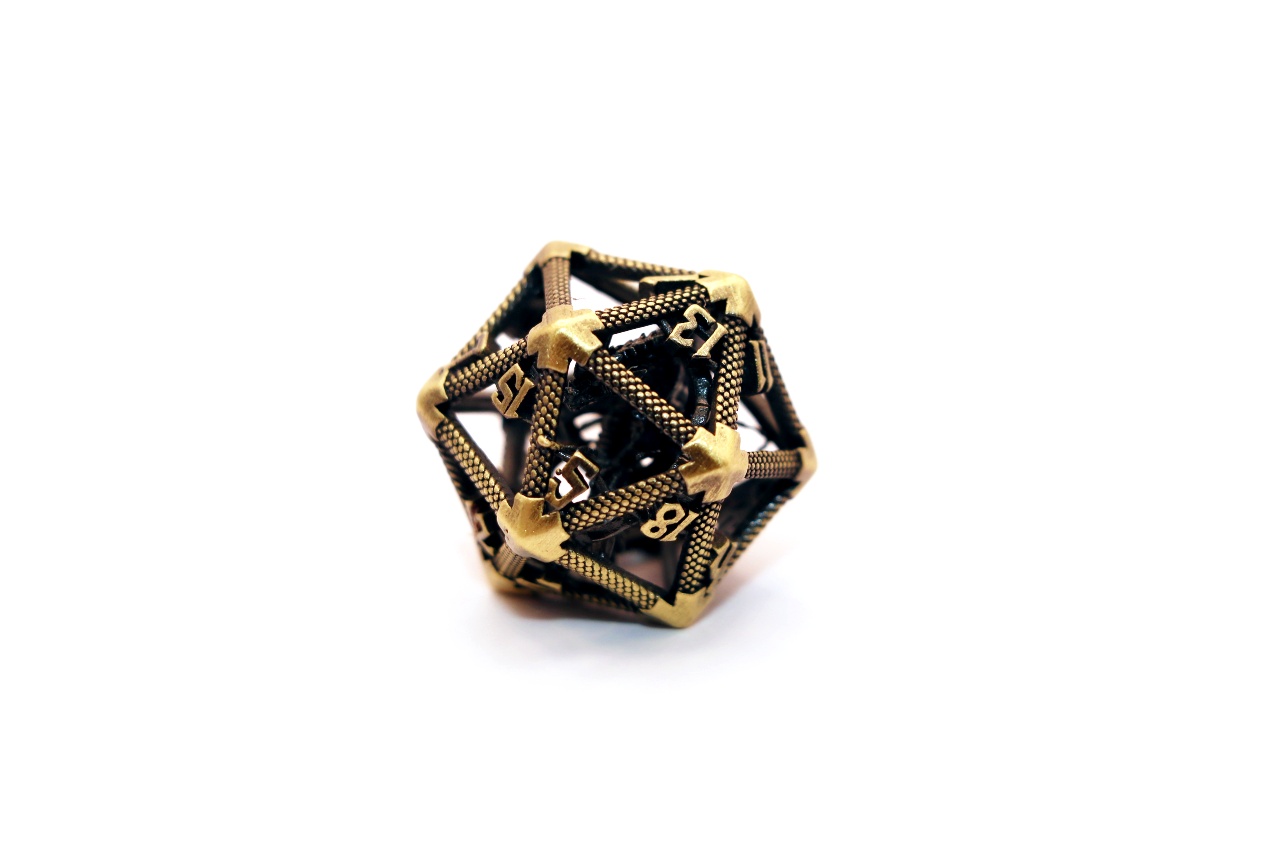 Caged Electrum Dragon Hollow Metal D20 2 – Bookwyrm Games