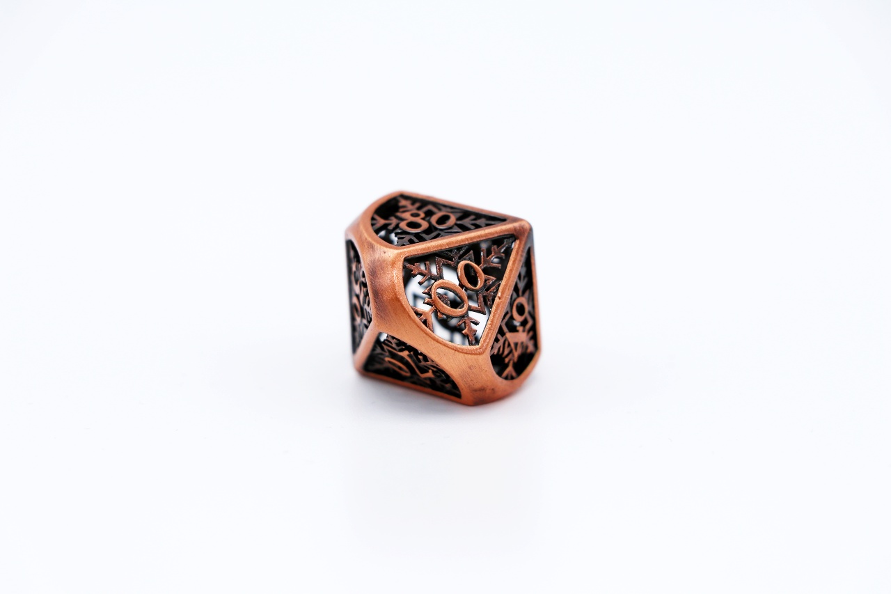 Copper Snowflake Hollow Metal d10 (2) – Bookwyrm Games